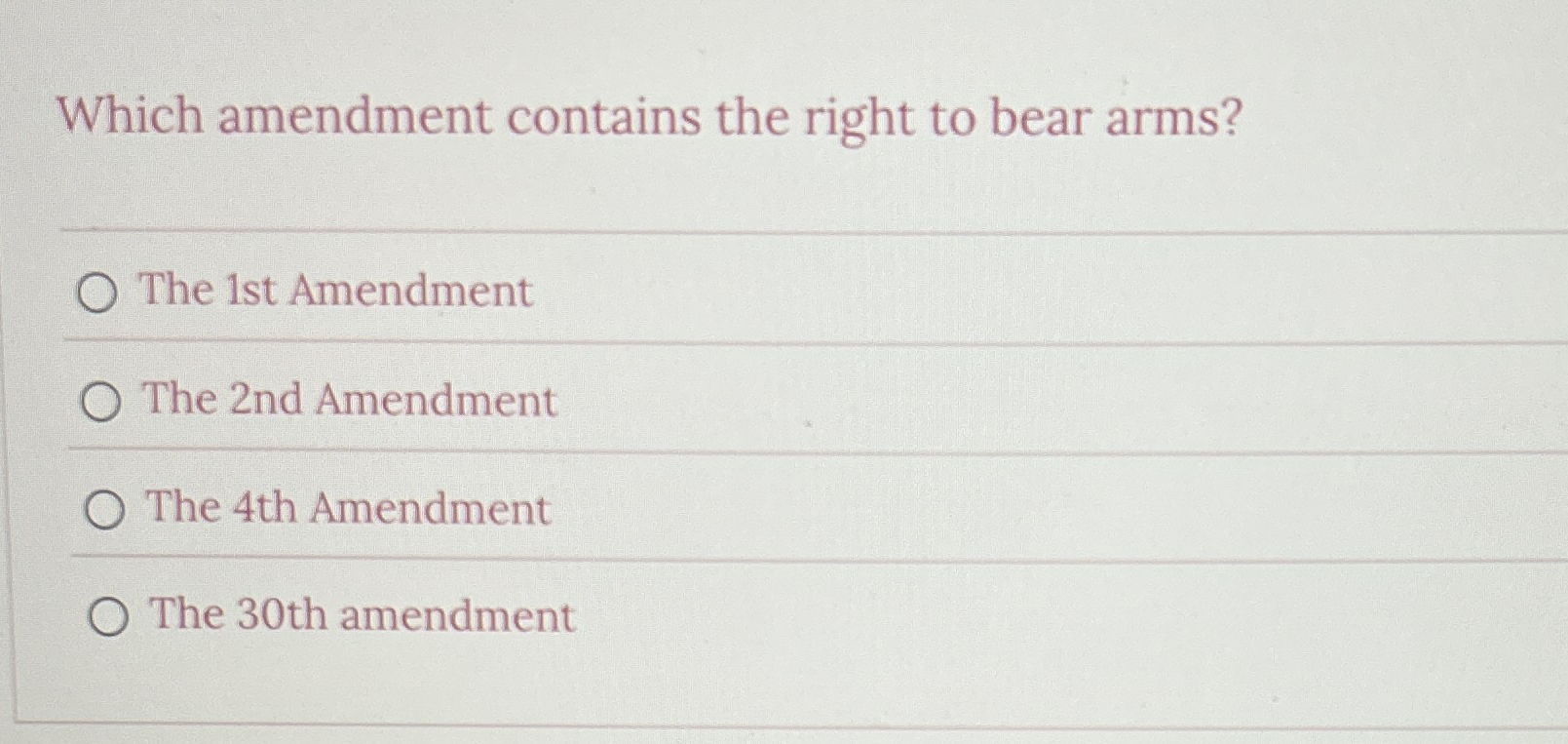 Solved Which amendment contains the right to bear arms?The | Chegg.com
