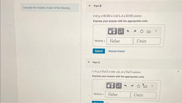 Solved Calculate the molarity of each of the following Part | Chegg.com