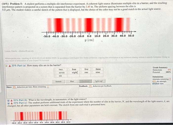 14\%) Problem 5: A student performs a multiple-slit | Chegg.com