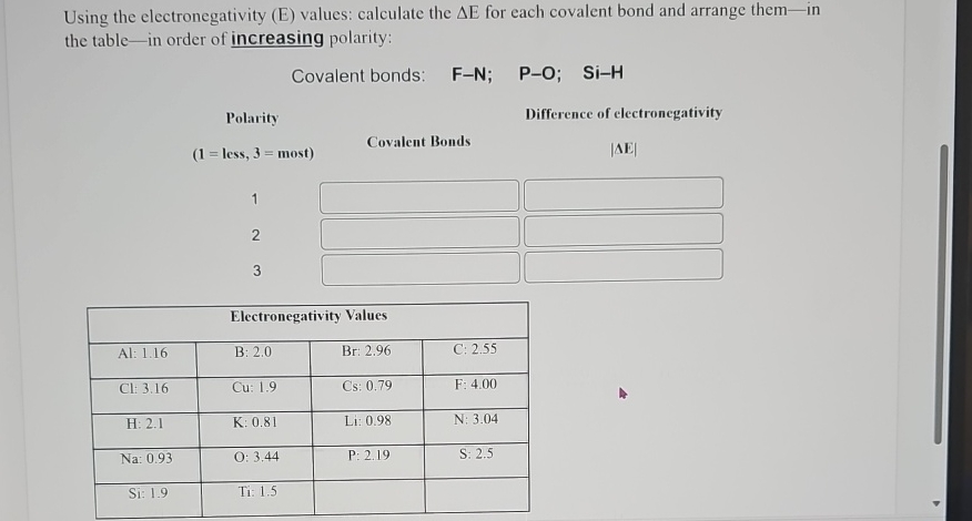 Solved Using the electronegativity (E) ﻿values: calculate | Chegg.com