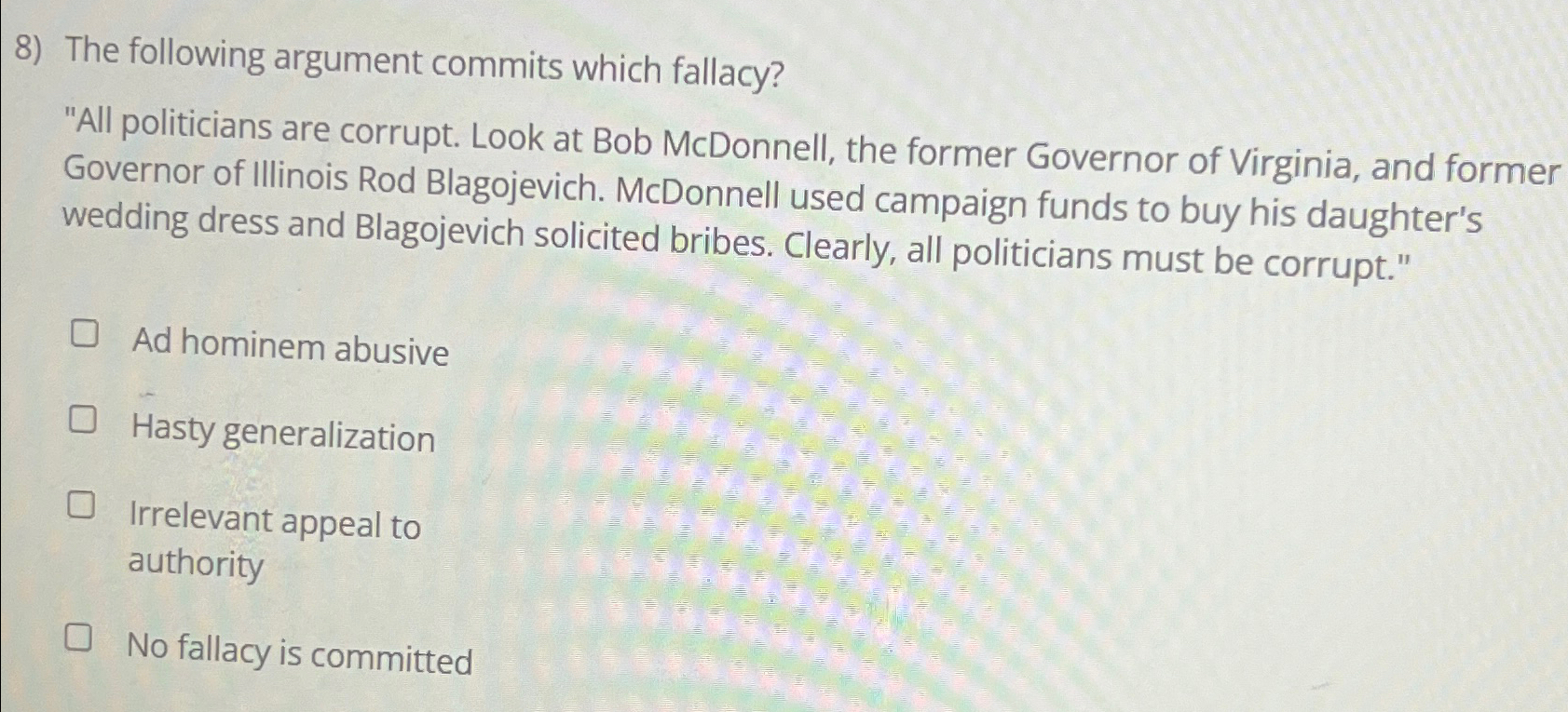 Solved The following argument commits which fallacy?"All | Chegg.com