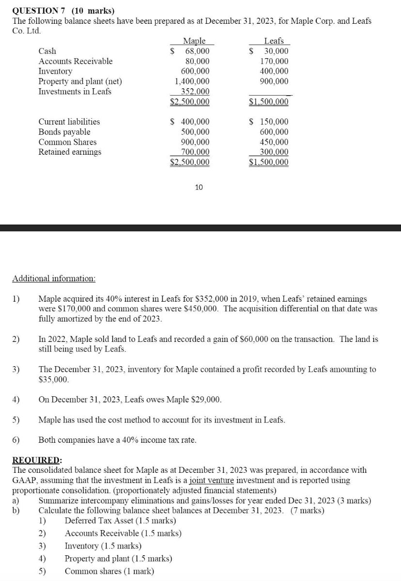 Solved QUESTION 7 (10 ﻿marks)The following balance sheets | Chegg.com