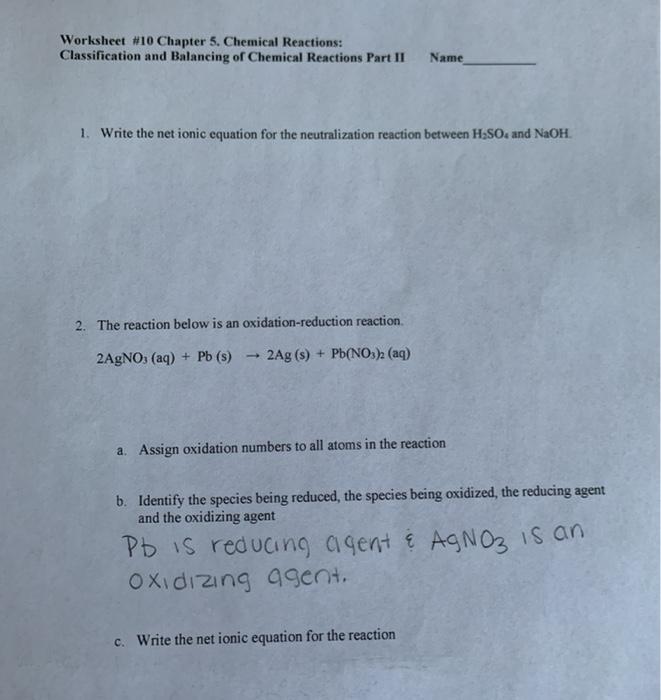 Solved Worksheet #10 Chapter 5. Chemical Reactions: | Chegg.com