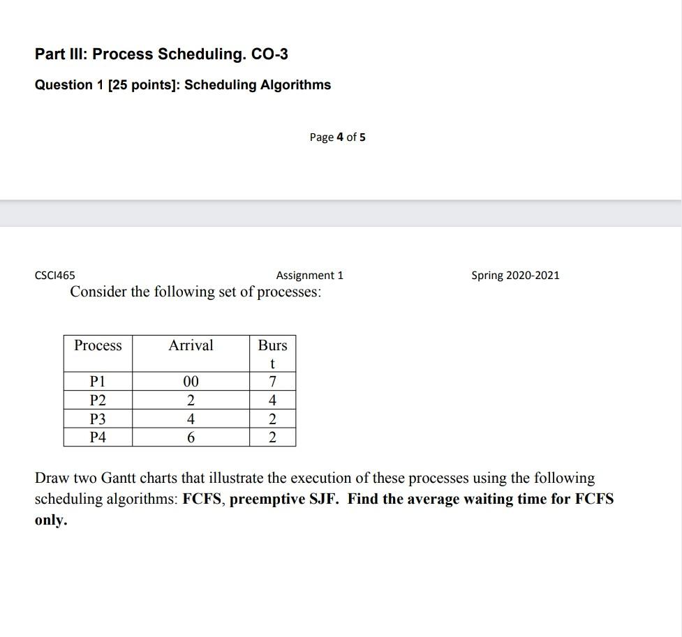 Solved Part III: Process Scheduling. CO-3 Question 1 [25 | Chegg.com