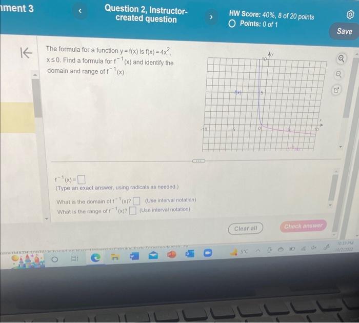 Solved The formula for a function y=f(x) is f(x)=4x2. x≤0. | Chegg.com
