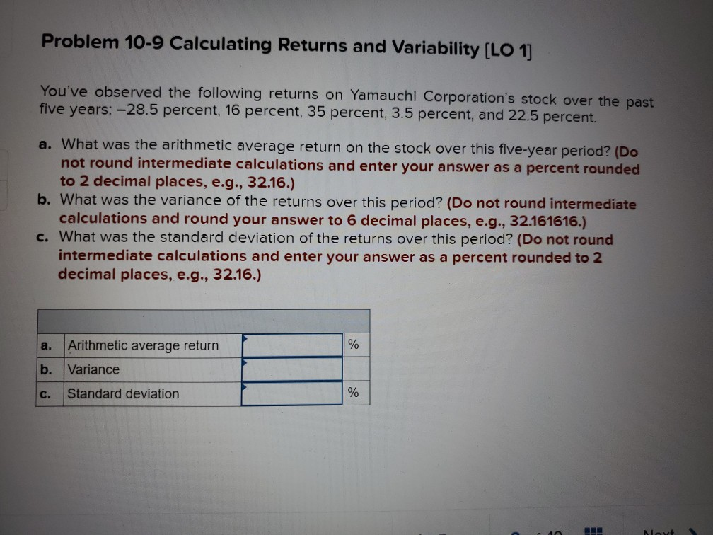 Solved Problem 10-9 Calculating Returns and Variability [LO | Chegg.com