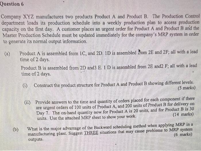 Solved Company XYZ manufactures two products Product A and | Chegg.com