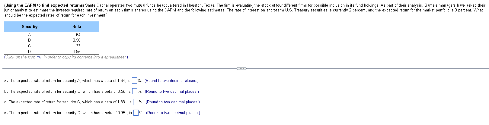 Solved should be the expected rates of return for each | Chegg.com