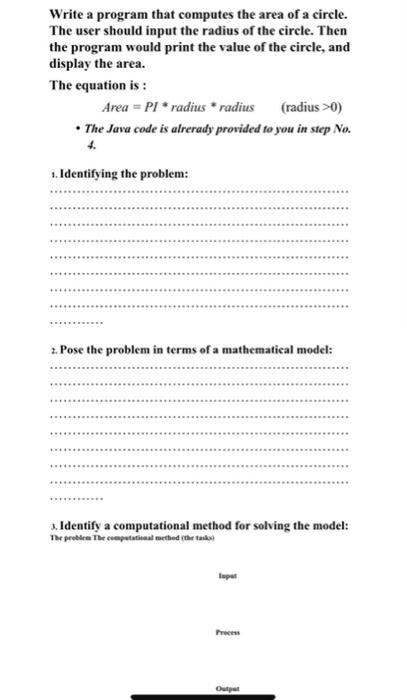 Solved Write a program that computes the area of a circle. | Chegg.com