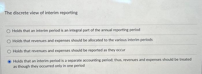 Solved The discrete view of interim reporting Holds that an | Chegg.com