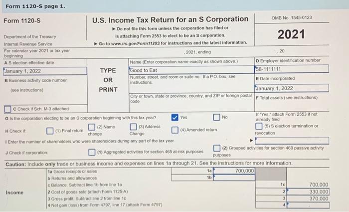 I have to full out the 2021 tax forms for the 1120S | Chegg.com