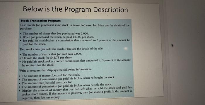 Solved Below is the Program Description Stock Transactlon | Chegg.com