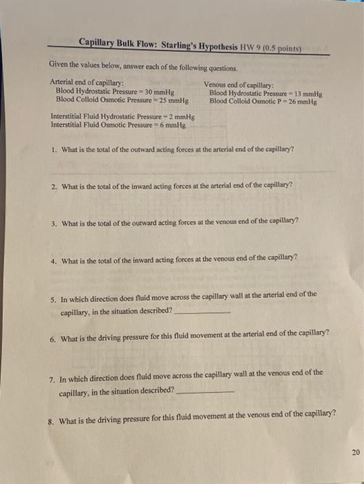 Solved Capillary Bulk Flow: Starling's Hypothesis HW 9 (0.5 | Chegg.com