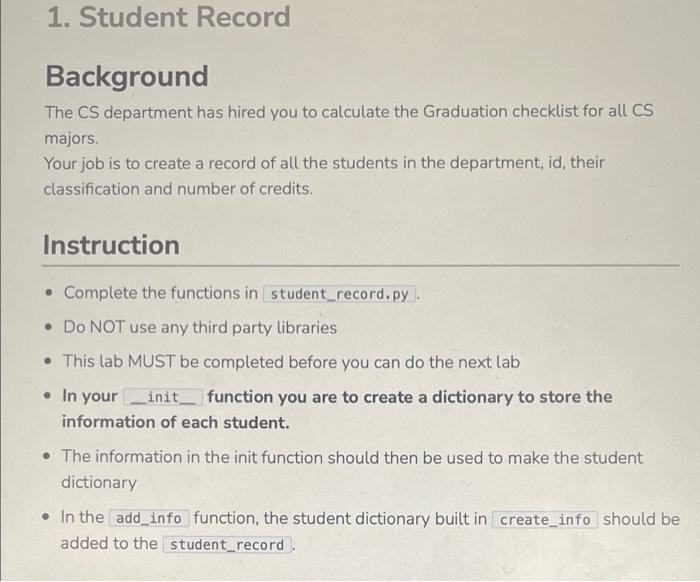 Solved 1. Student Record Background The CS department has | Chegg.com