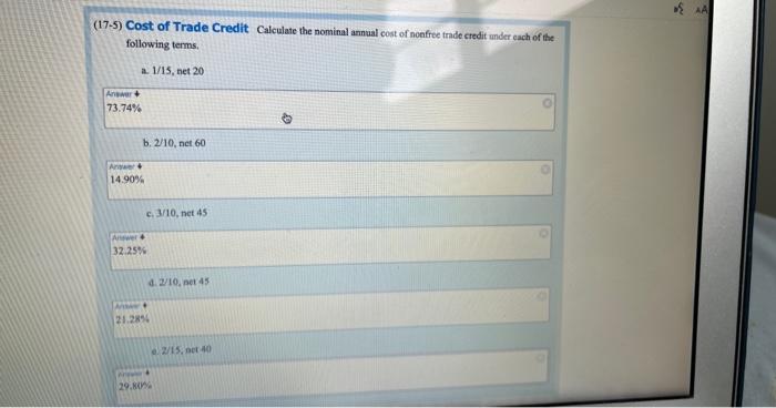 Solved 17-5) Cost of Trade Credit Calculate the nominal | Chegg.com