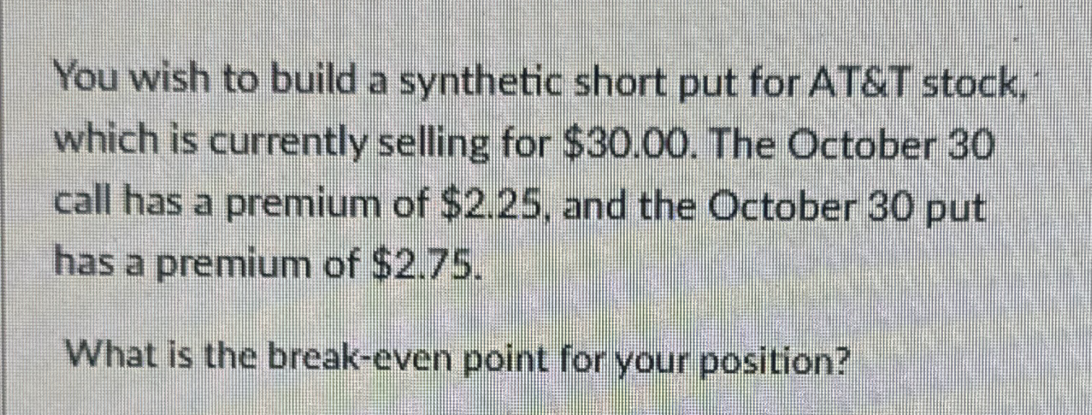 Solved You wish to build a synthetic short put for AT&T | Chegg.com