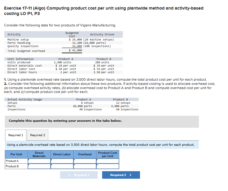 Solved Exercise 17-11 (Algo) ﻿Computing product cost per | Chegg.com
