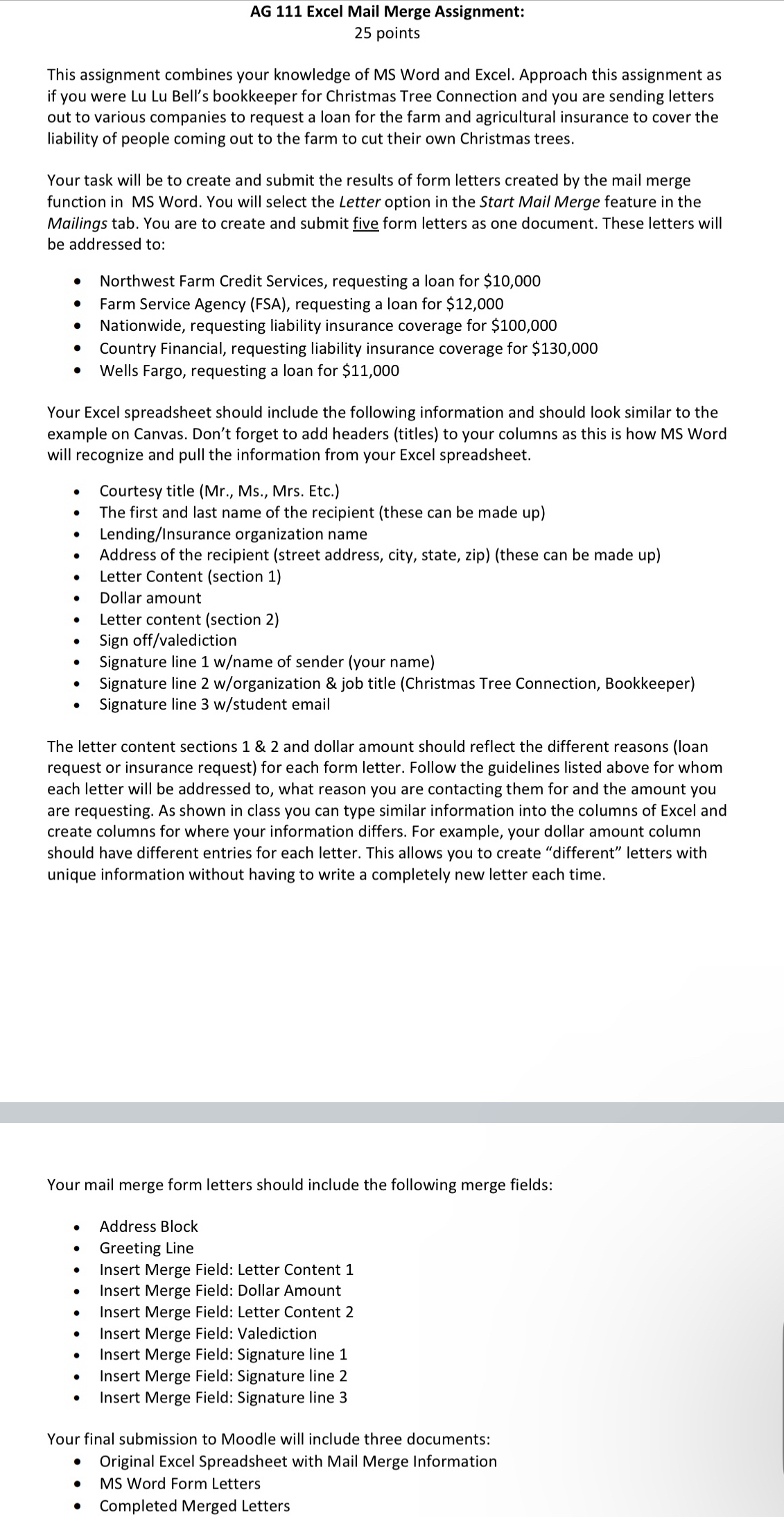 Solved AG 111 ﻿Excel Mail Merge Assignment:25 ﻿pointsThis | Chegg.com