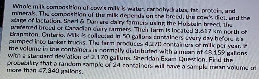 Solved Whole milk composition of cow's milk is water, | Chegg.com