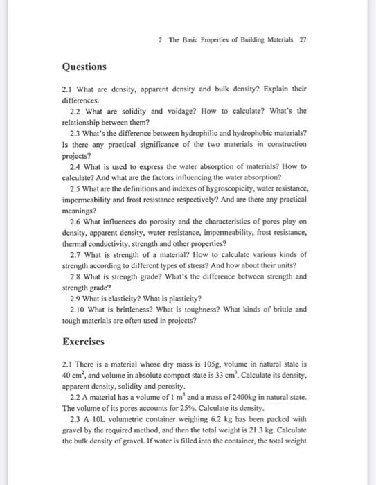 Solved 2 The Basic Properties of Building Materials 27 | Chegg.com