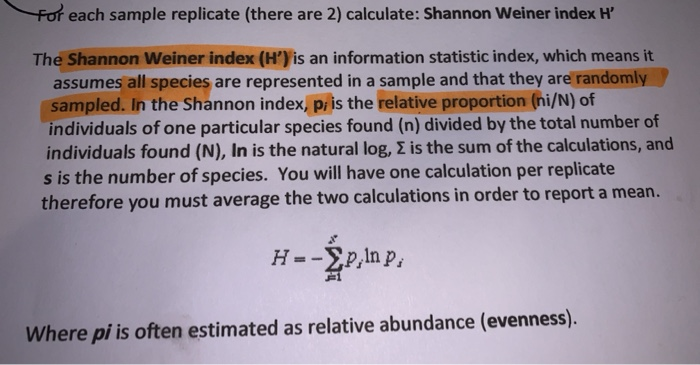 Solved can I get help with calculating the Shannon Weiner | Chegg.com