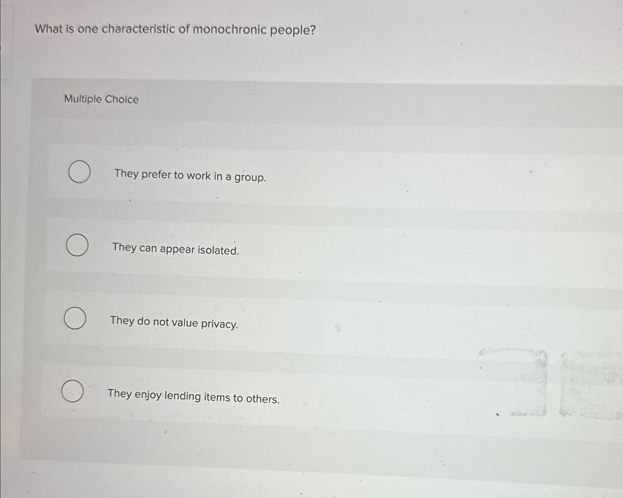 Solved What is one characteristic of monochronic | Chegg.com