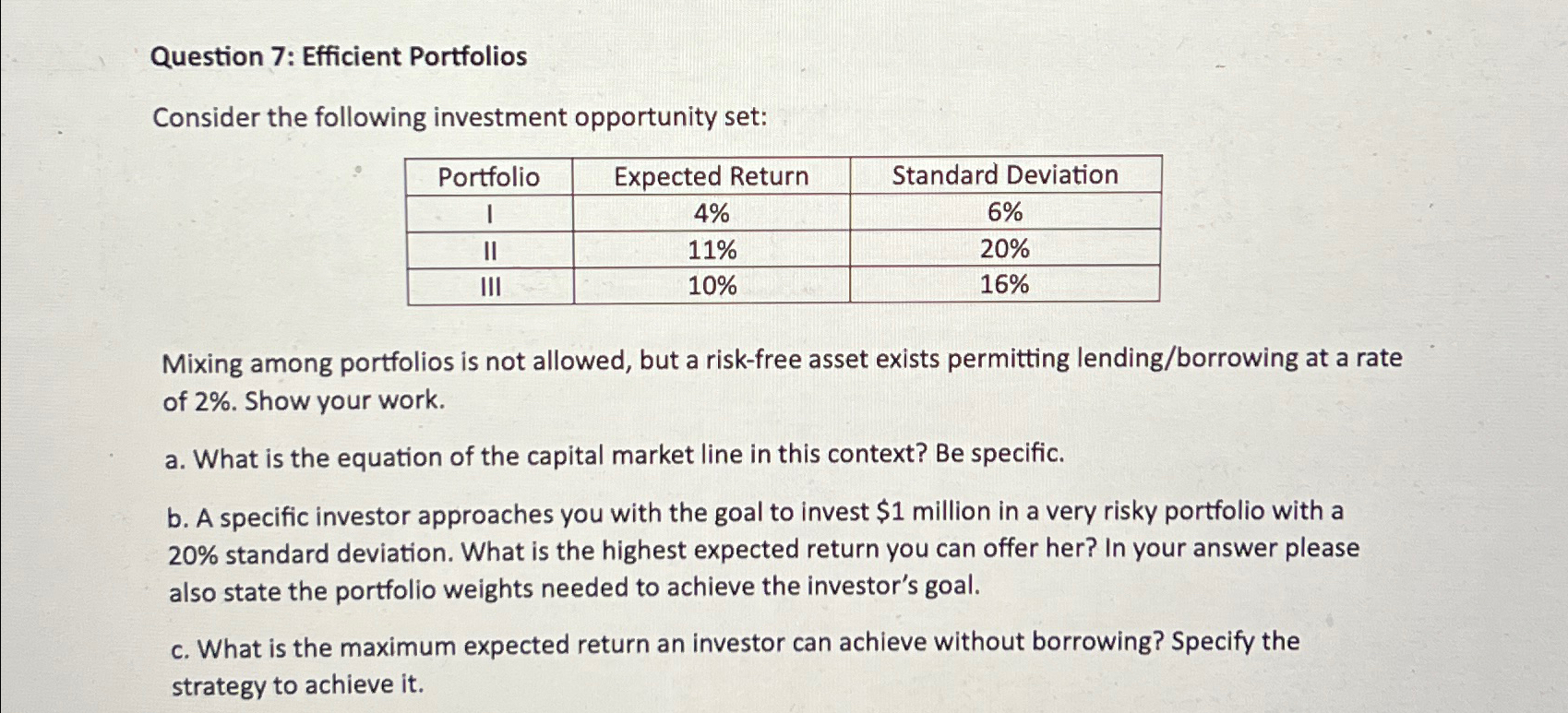 Question 7: Efficient PortfoliosConsider the | Chegg.com