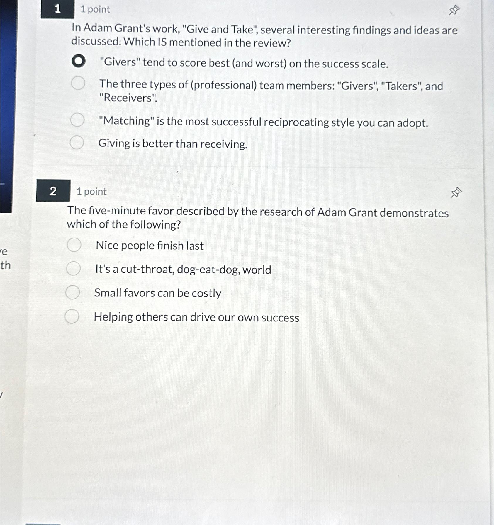 Solved 11 ﻿pointIn Adam Grant's work, "Give and Take", | Chegg.com