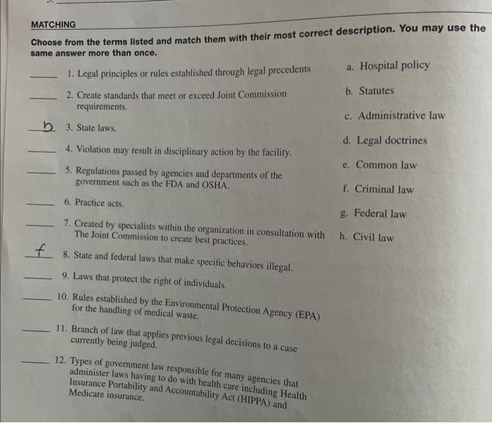 MATCHING Choose from the terms listed and match them | Chegg.com