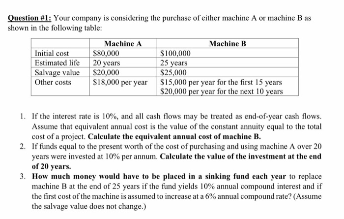 Solved Question #1: Your company is considering the purchase | Chegg.com