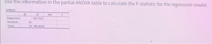 Solved Use the intormation in the partial ANOVA table to | Chegg.com Solved Use the intormation in the partial ANOVA table to | Chegg.com