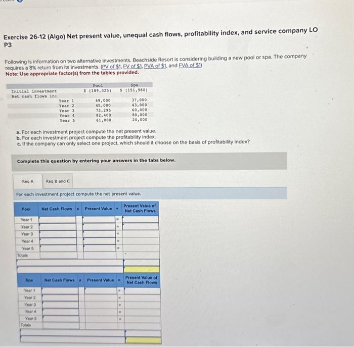 Solved Exercise 26-12 (Algo) Net present value, unequal cash | Chegg.com