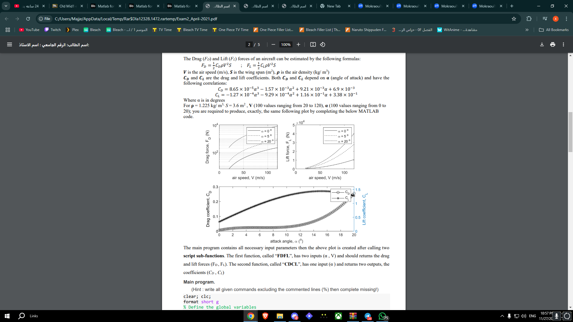 Solved solve it as a matlab code plsThe Drag (FD) ﻿and Lift | Chegg.com