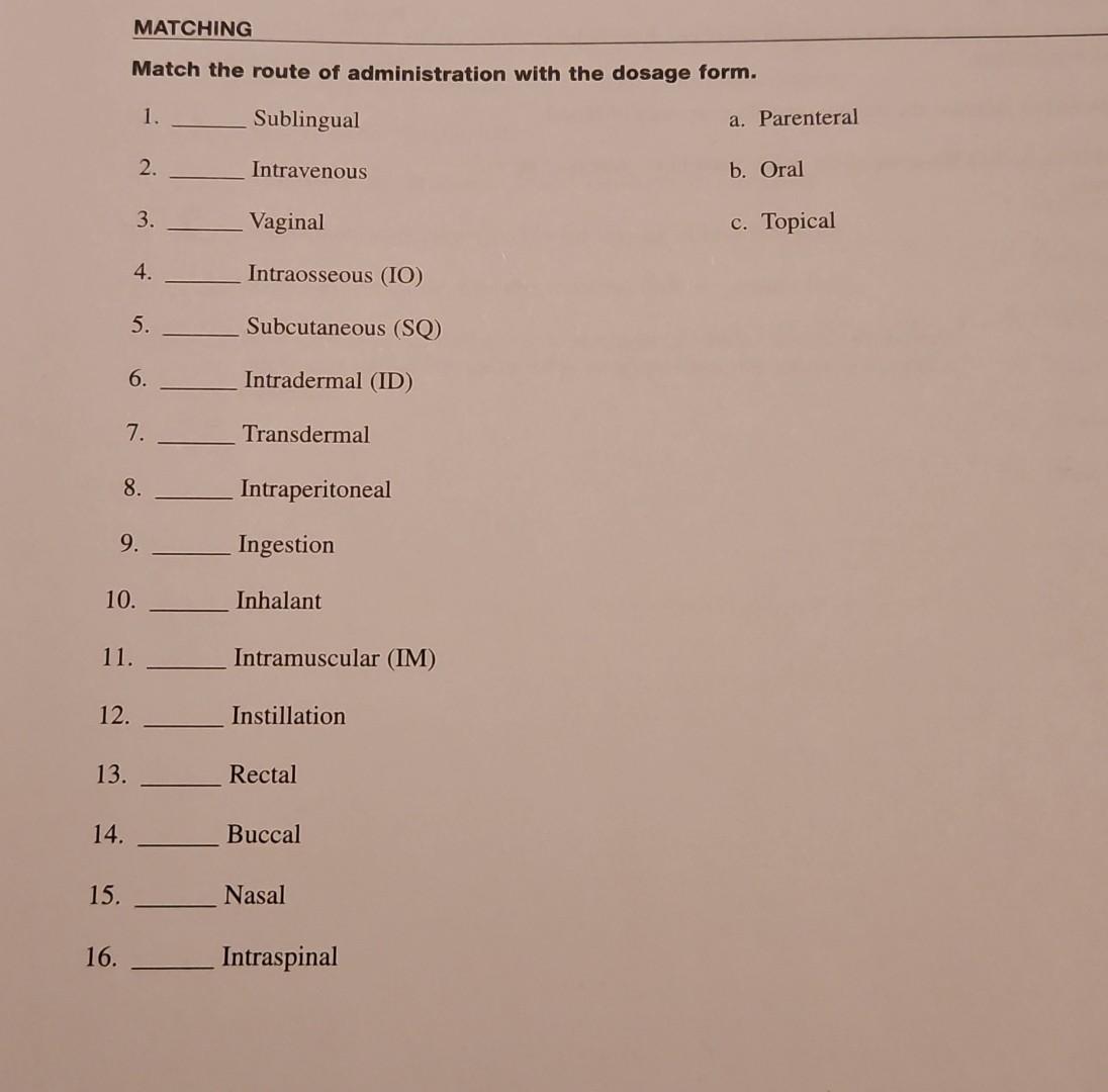 Solved MATCHING Match the route of administration with the | Chegg.com