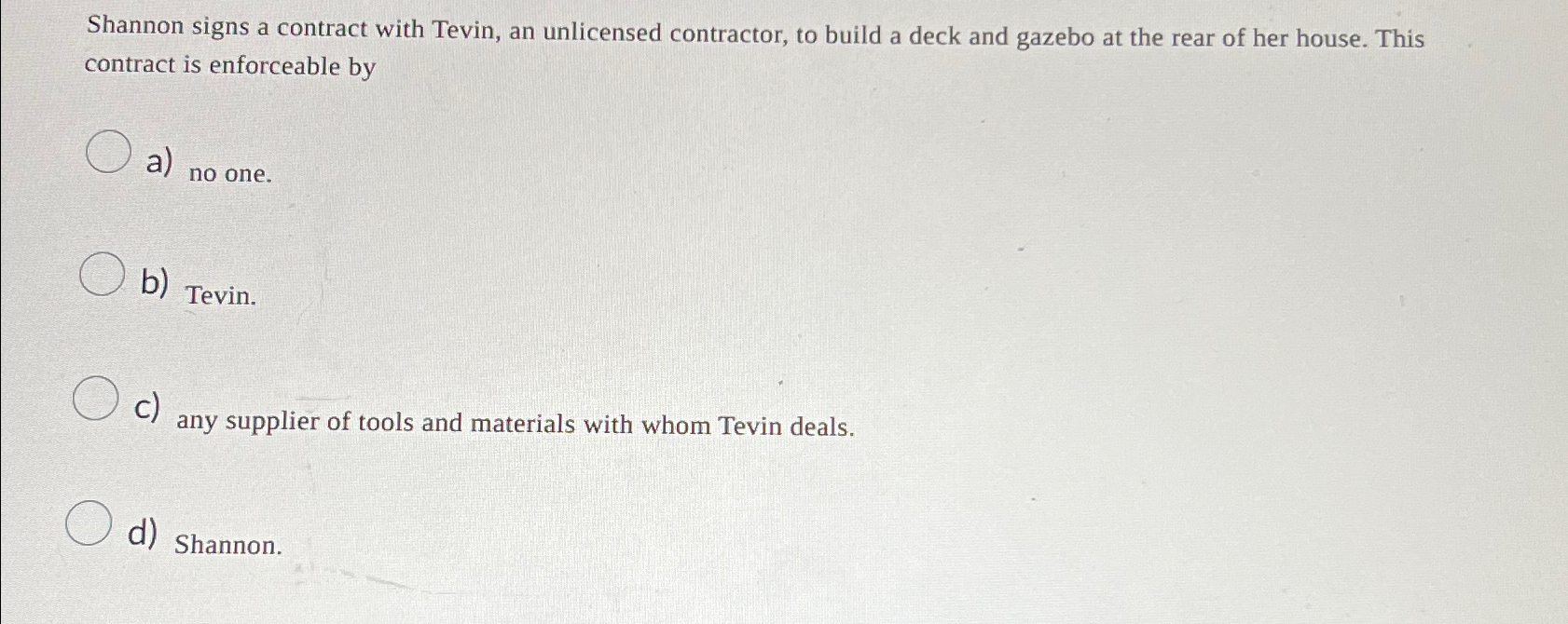 Solved Shannon signs a contract with Tevin, an unlicensed | Chegg.com