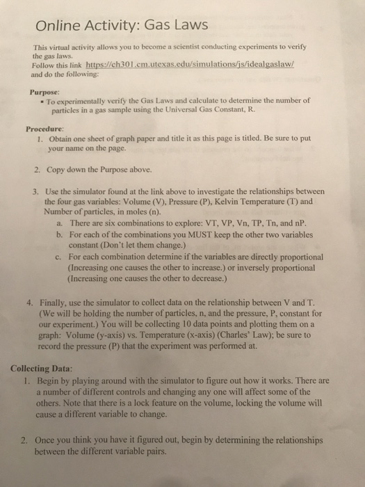 Online Activity: Gas Laws This virtual activity | Chegg.com