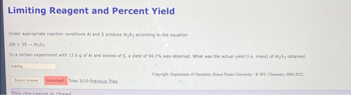 Solved Limiting Reagent and Percent Yield Under appropriate | Chegg.com
