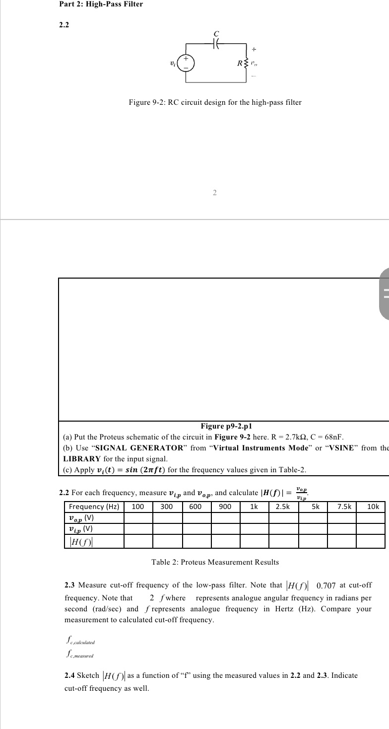Solved Part 2: High-Pass Filter2.2Figure 9-2: RC circuit | Chegg.com