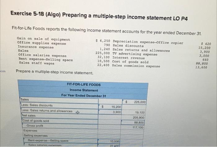 Solved Exercise 5-18 (Algo) Preparing a multiple-step income | Chegg.com
