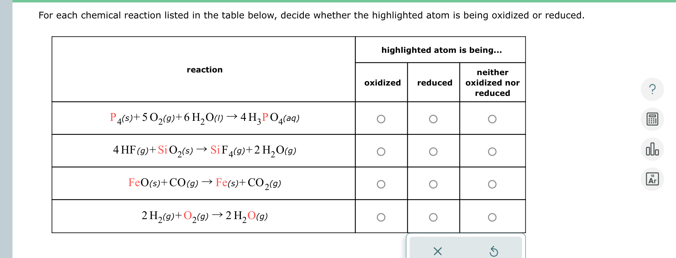 Solved For each chemical reaction listed in the table below, | Chegg.com