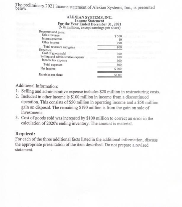 Solved The preliminary 2021 income statement of Alexian | Chegg.com