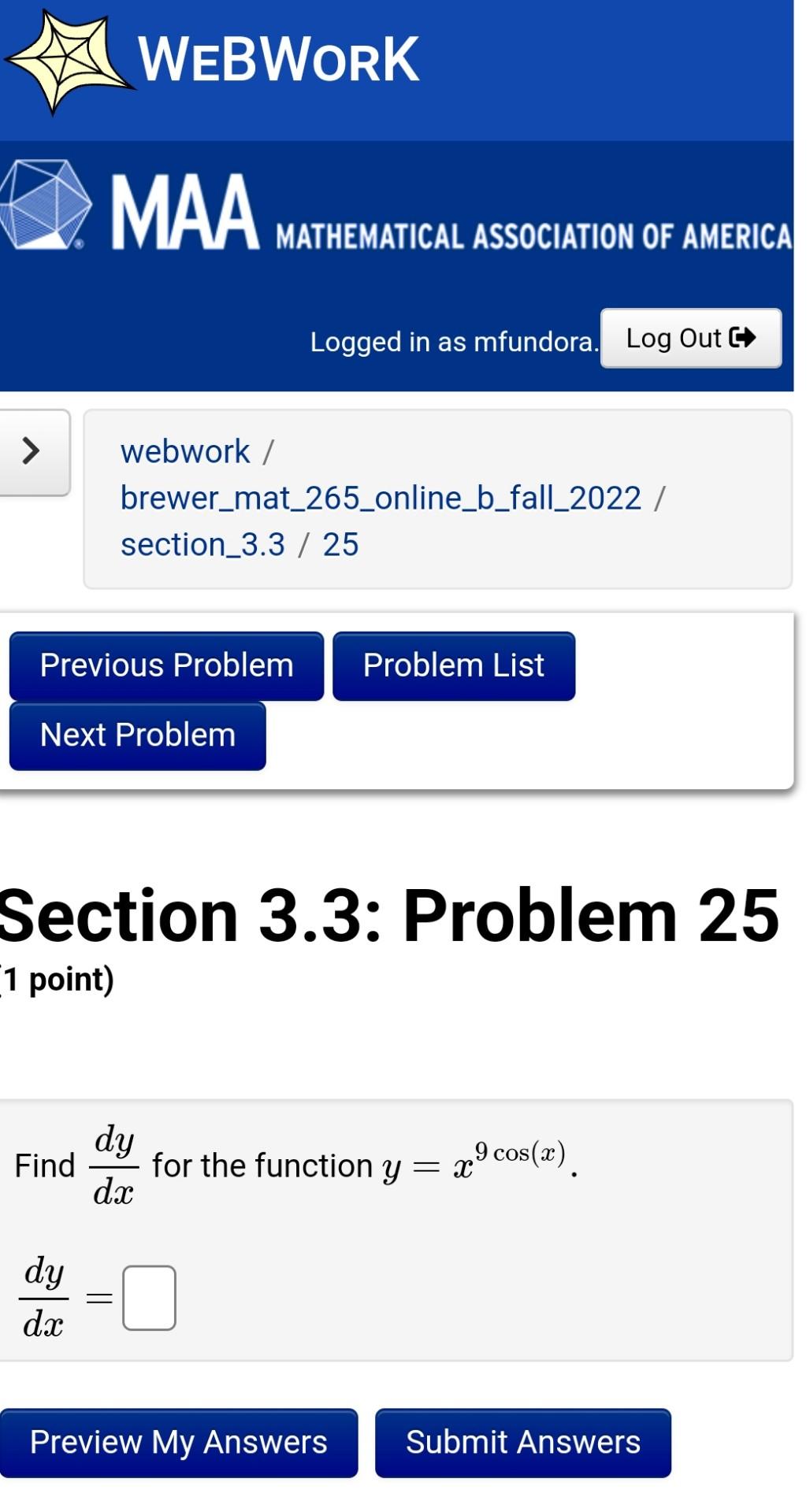Solved Section 3.3: Problem 25 1 point) Find dxdy for the | Chegg.com