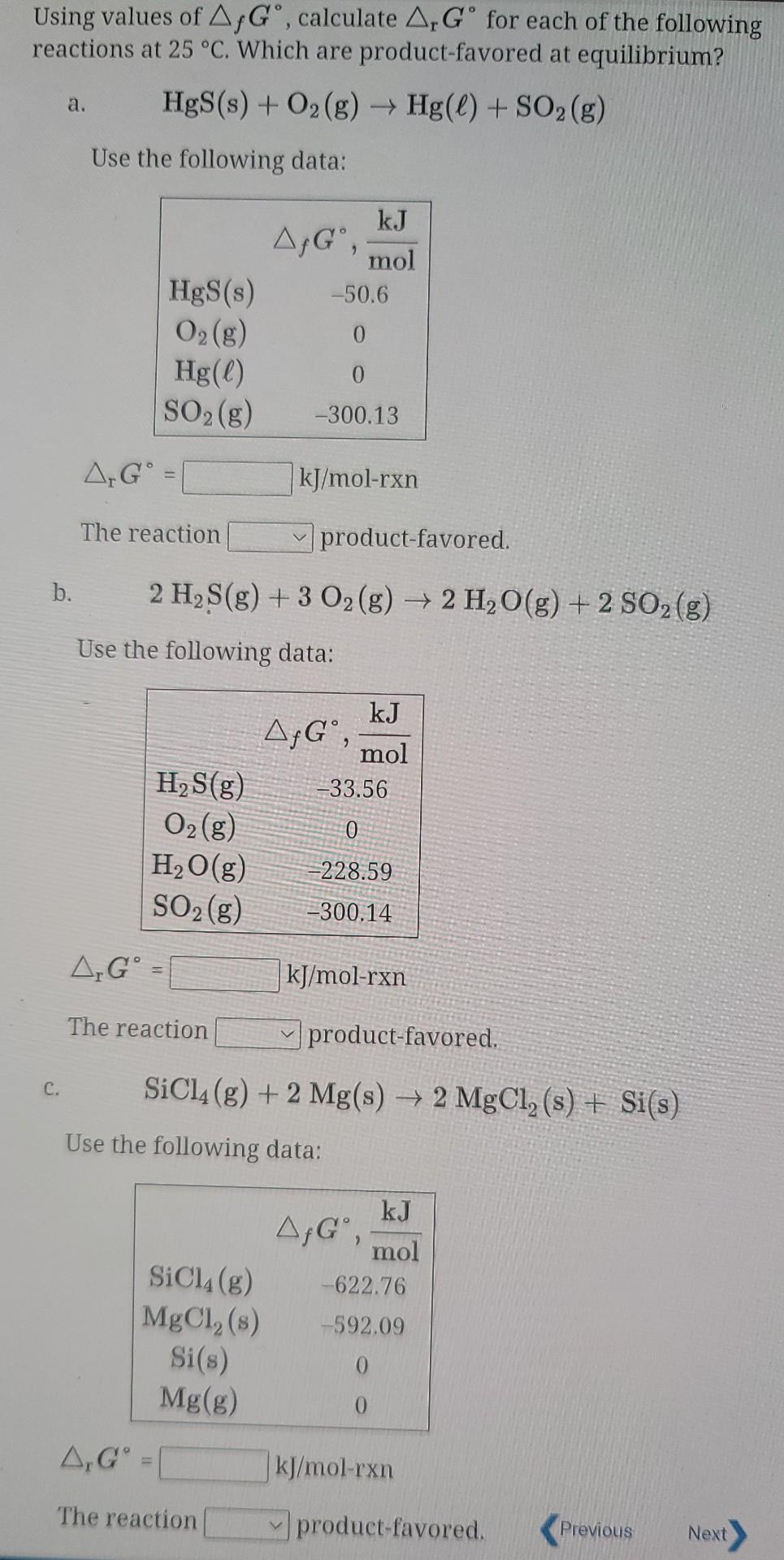 Solved Using values of A,Gº, calculate A, Gº for each of the | Chegg.com