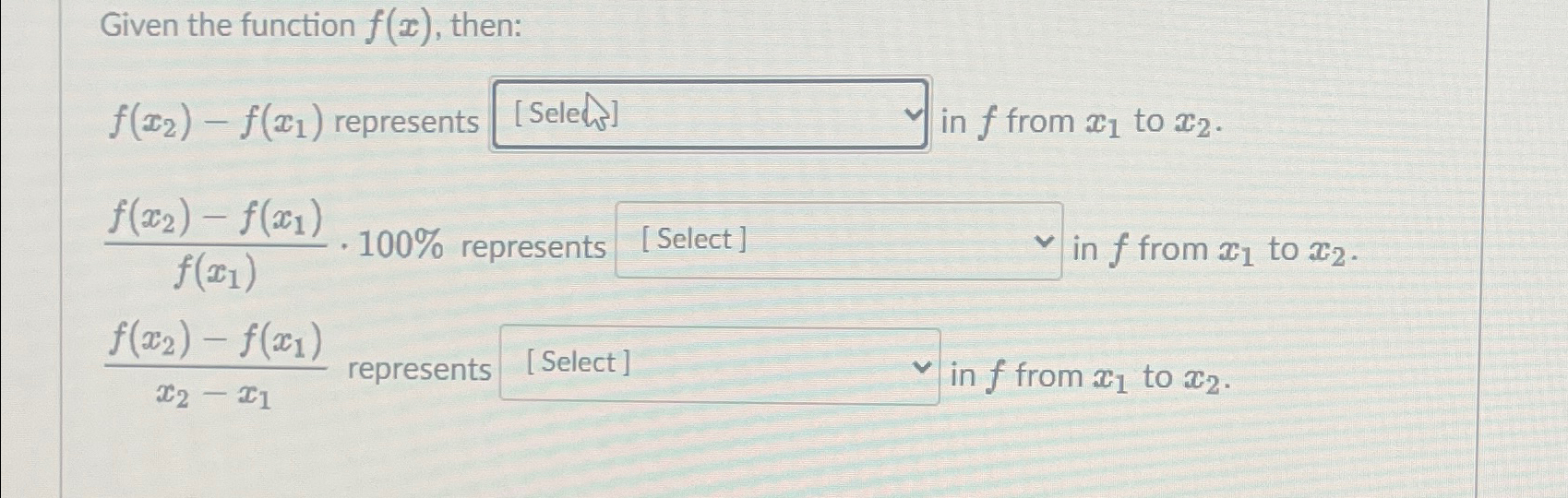 Solved Given the function f(x), ﻿then:f(x2)-f(x1) | Chegg.com
