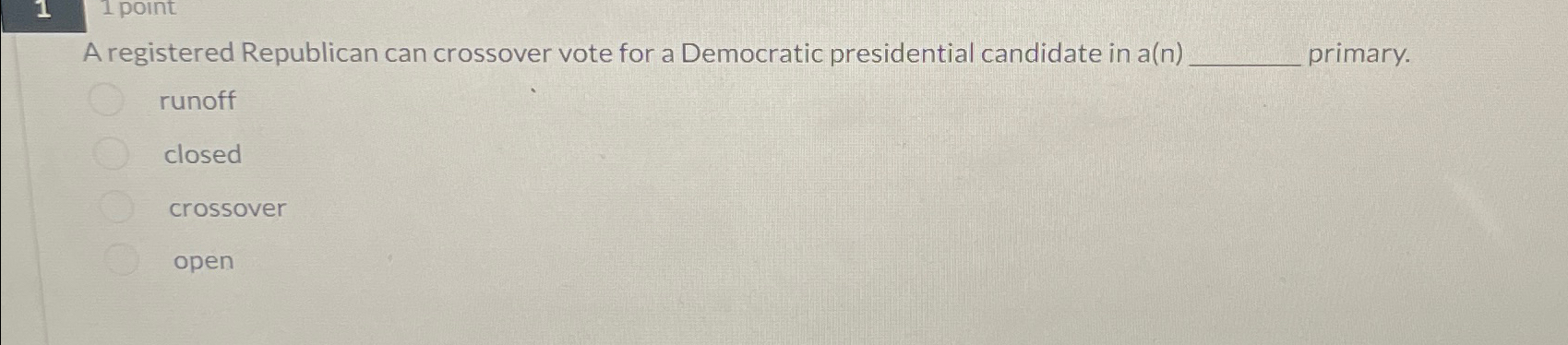 Solved 1 ﻿pointA registered Republican can crossover vote | Chegg.com