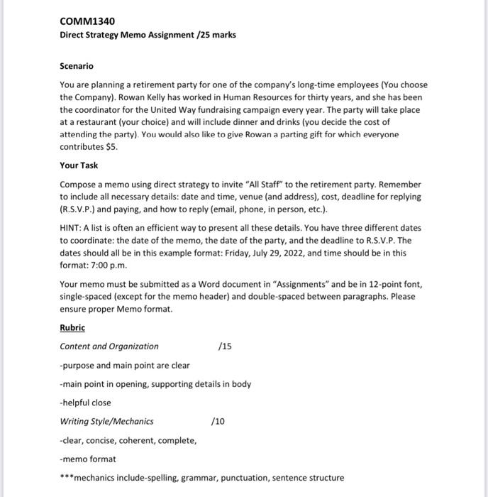 COMM1340 Direct Strategy Memo Assignment / 25 marks | Chegg.com