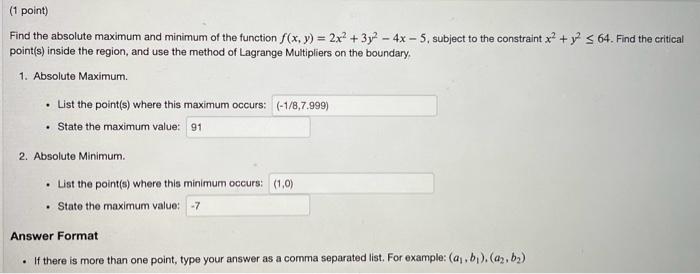 Solved Find the absolute maximum and minimum of the function | Chegg.com