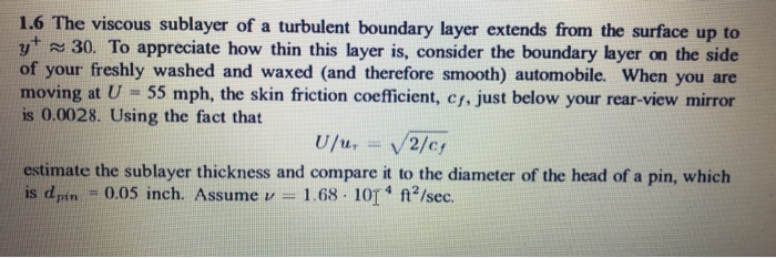 Solved 1 6 The Viscous Sublayer Of A Turbulent Boundary