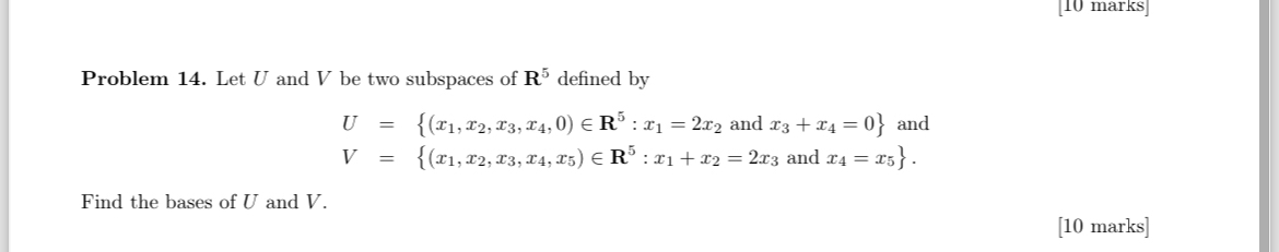 Solved Problem 14. ﻿Let U ﻿and V ﻿be two subspaces of R5 | Chegg.com