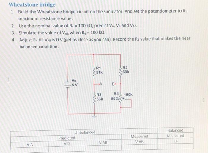 Solved Wheatstone bridge 1. Build the Wheatstone bridge | Chegg.com Solved Wheatstone bridge 1. Build the Wheatstone bridge | Chegg.com